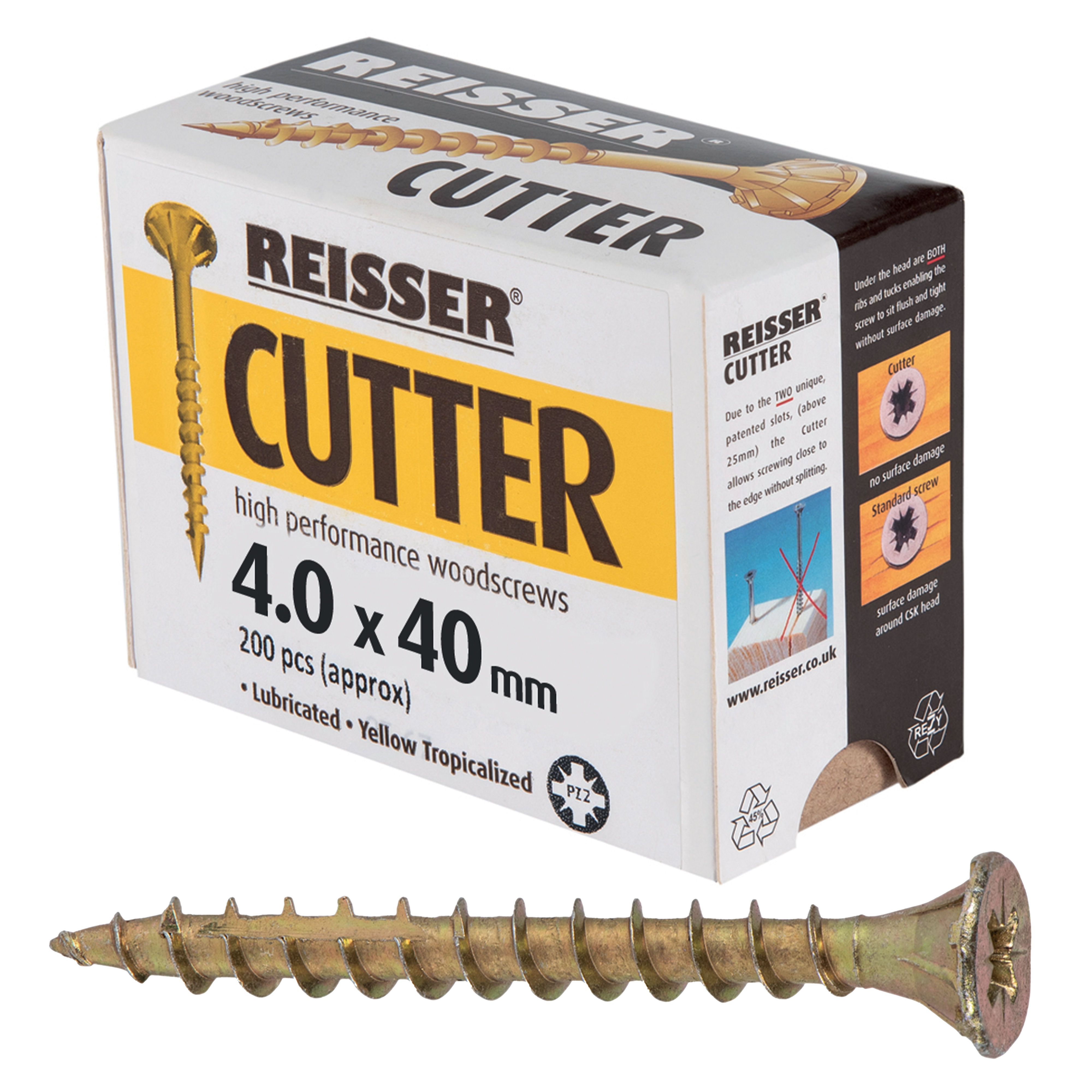 Reisser Cutter Yellow H/P Woodscrews (Box of Approx 200) 4.0mm x 40mm